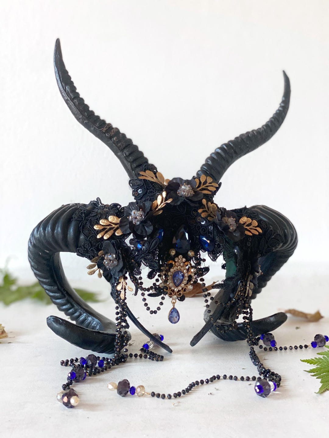 Glam Black Horns Crown With Blue and Gold Accent: Magical Accesory for ...