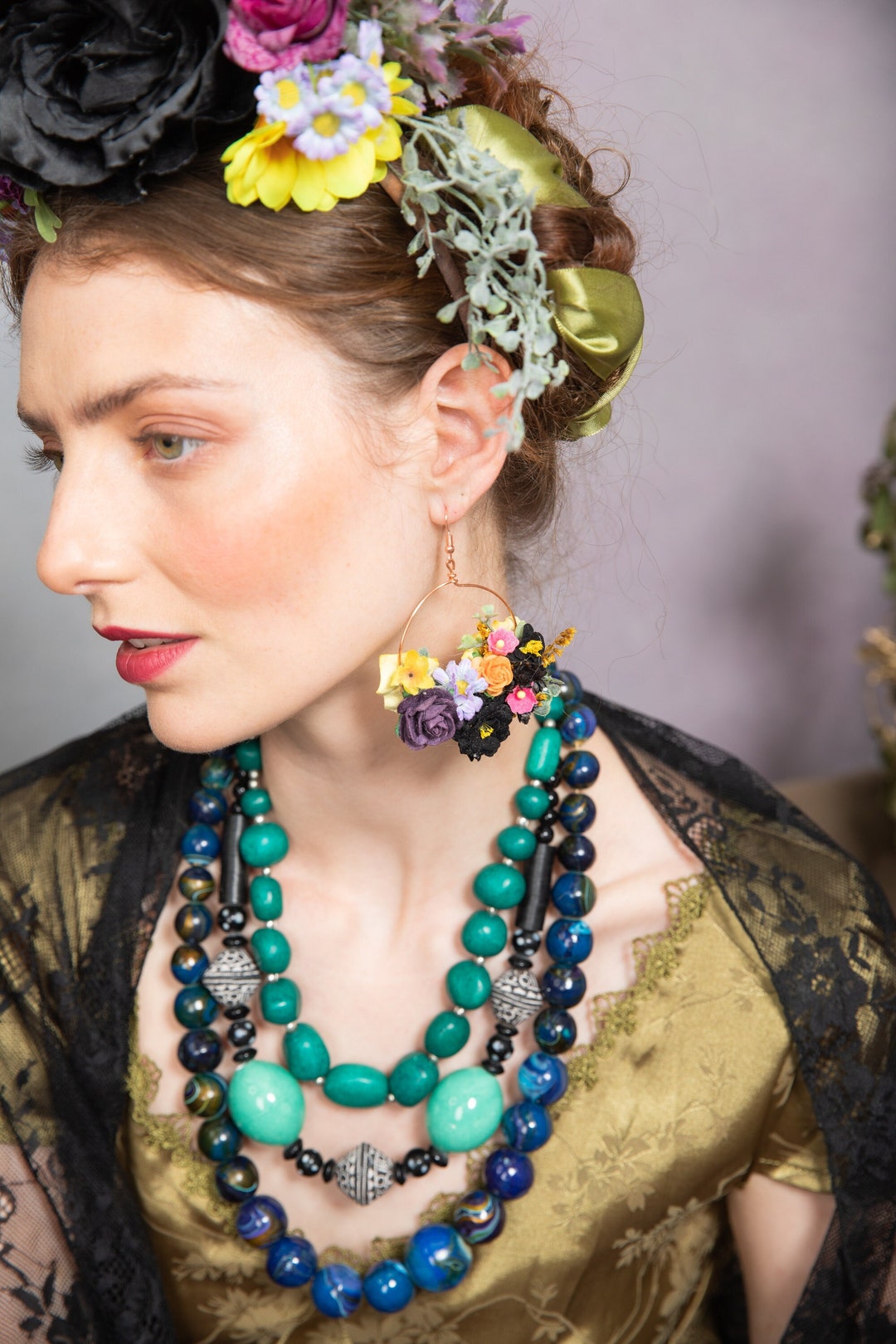 Colourful Frida Earrings Circle Dangle Earrings Black Flower Hoop ...