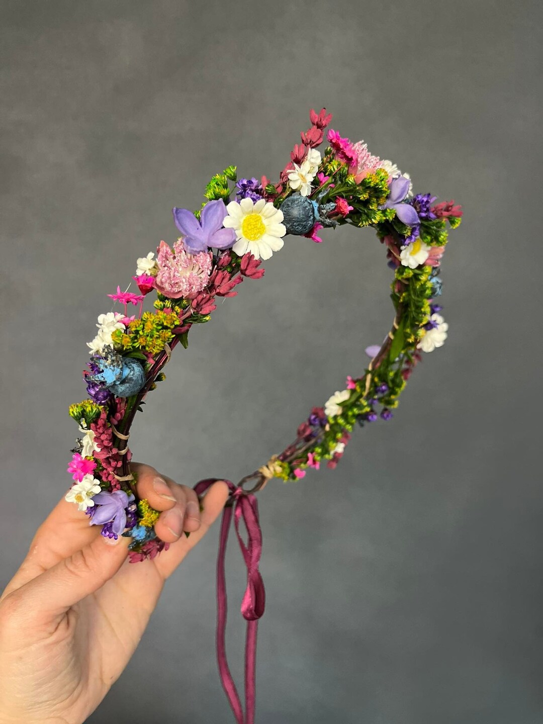 Colourful Wedding Hair Wreath Pink and Purple Flower Crown Meadow ...