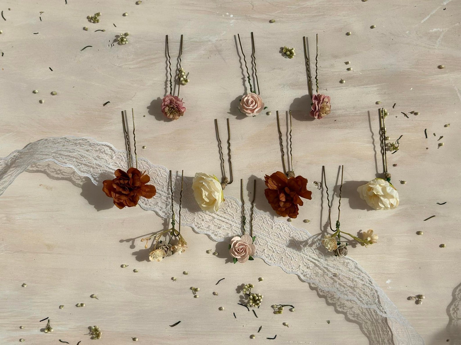 Bridal Flower Hair Pins: Ivory, Cream & Burnt Orange Roses - Set of 7 ...