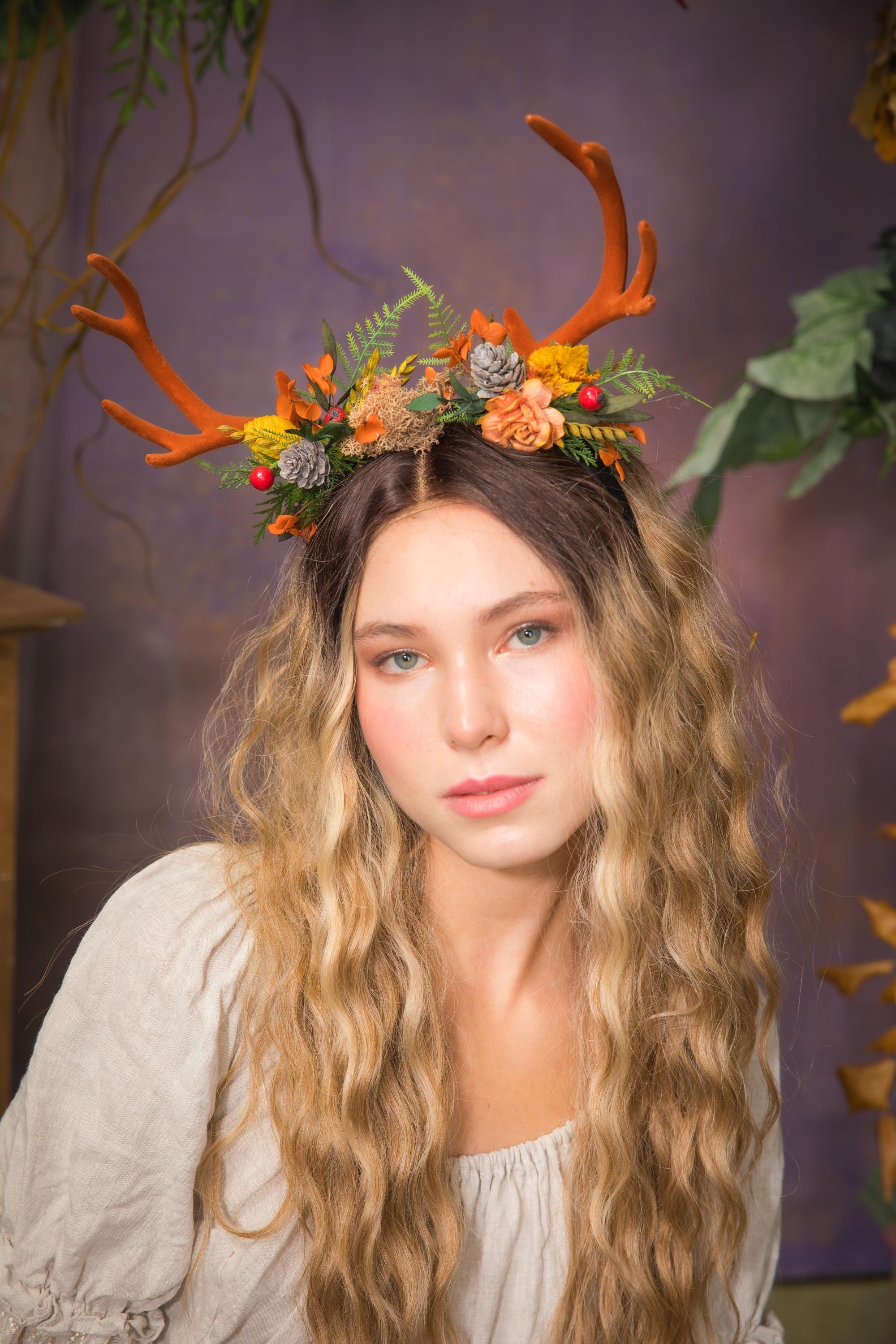 Autumn Antler Crown: Woodland Flower Headband, Pagan Festival - Etsy