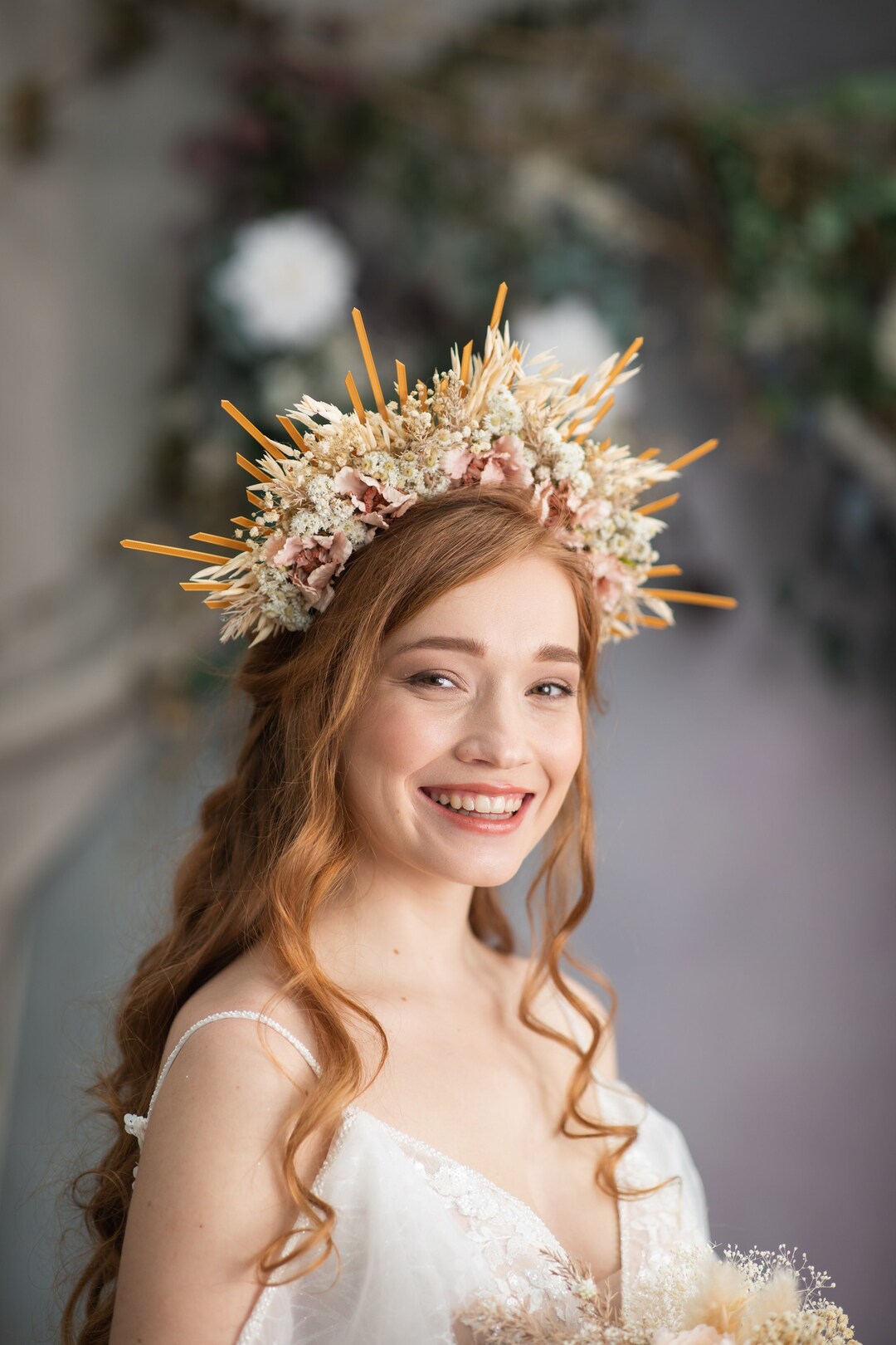 Blush Wedding Flower Hair Crown Halo Crown for Bride Romantic Pink and ...