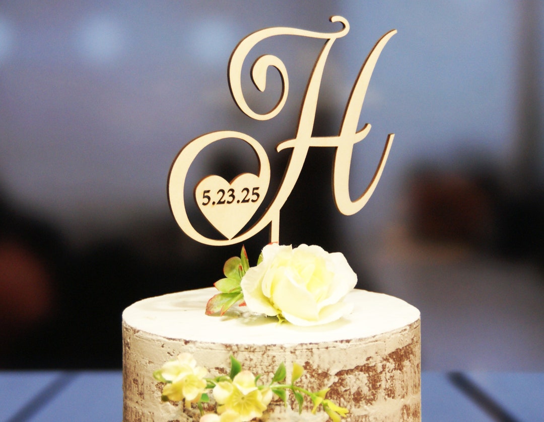 Initial Cake Topper, Elegant Cake Topper - Personalized Letter Topper With Date - Wedding-bridal ...