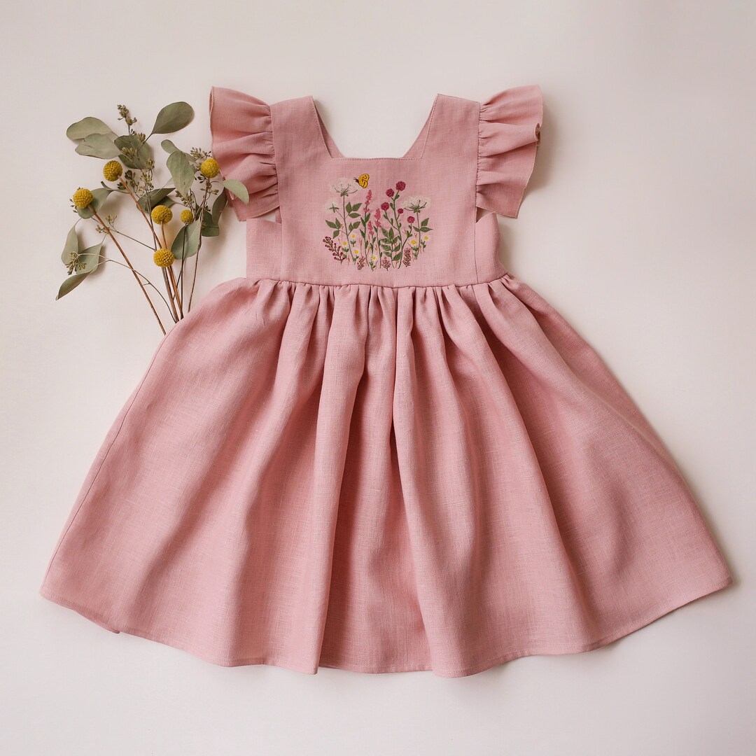 Flower Girl Dress, Girl Linen Flutter Sleeve Square Neckline Dress in ...