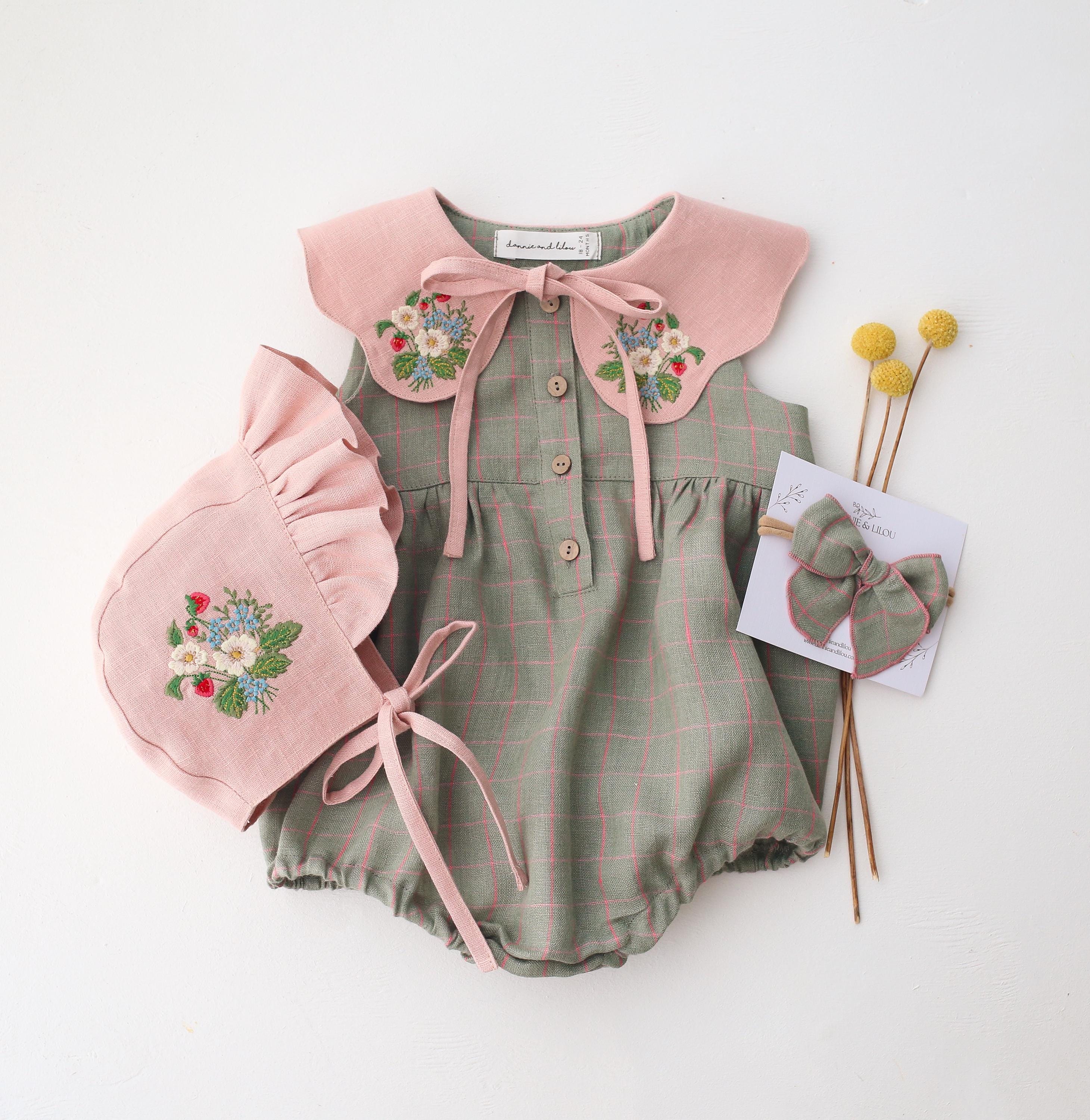 Baby Bonnet, Linen Ruffle Hat With "strawberry Bouquet" Embroidery ...