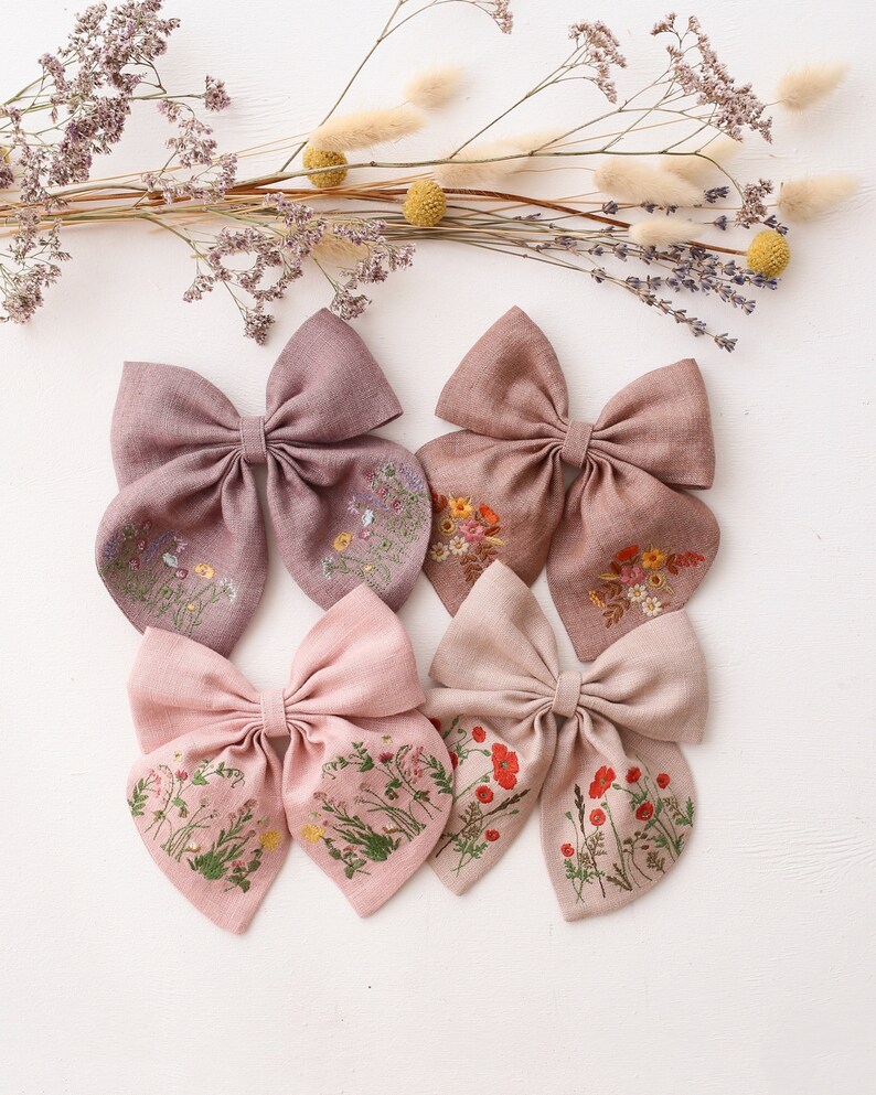 Embroidered Linen Hair Bow, "poppy Meadow" Floral Hair Clip - Etsy