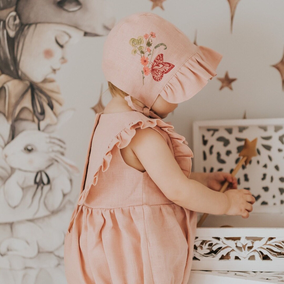 Baby Girl Linen Ruffle Brimmed Bonnet Color Powder butterfly Embroidery ...