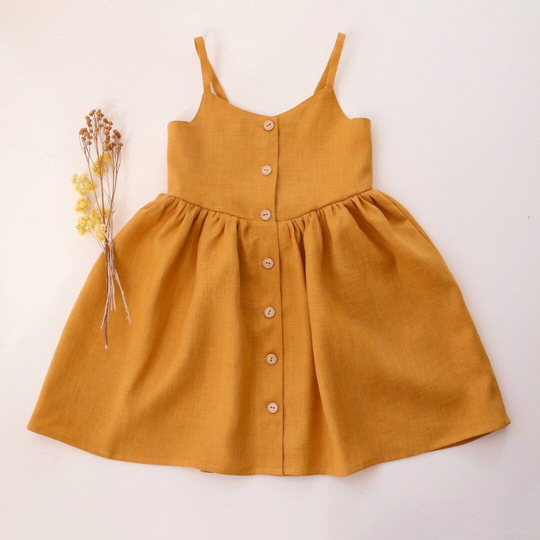 Linen Summer Button Front Dress With Pockets for Girls | Color Amber - Etsy
