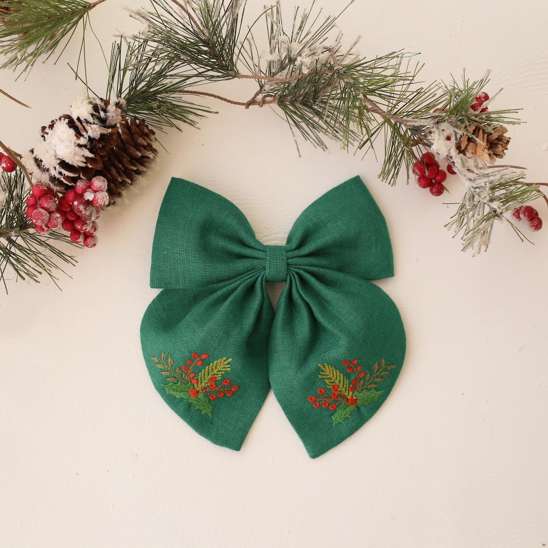 Emerald Green Linen Hair Bow, Christmas Hair Bow With christmas Baubles ...