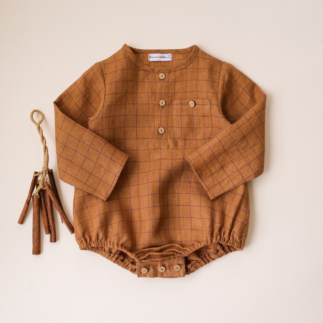 Copper Check Long Sleeve Bubble Onesie With Pocket - Etsy