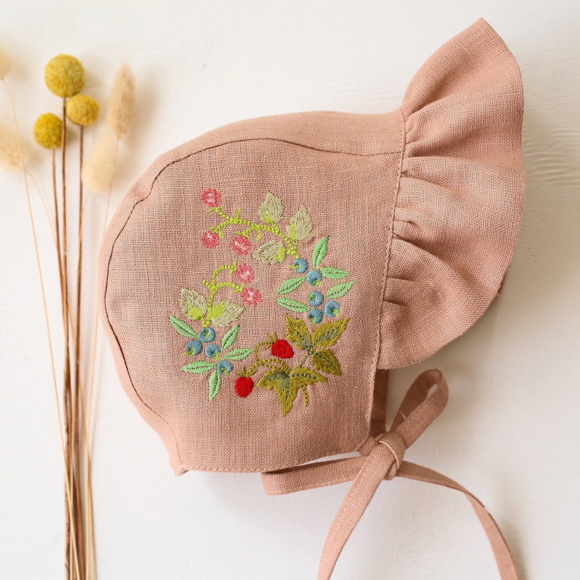 Baby Girl Linen Ruffle Brimmed Bonnet | Color Clay | “berries ...