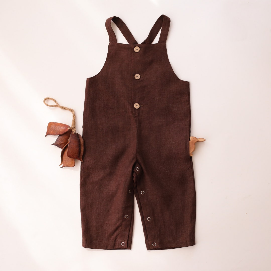 Dark Brown Linen Buttoned Overalls - Etsy