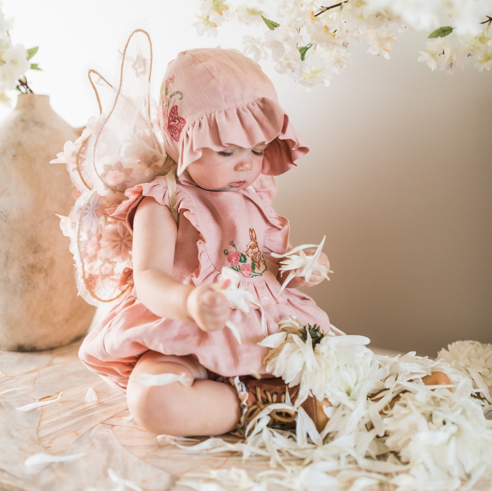 Baby Girl Linen Ruffle Brimmed Bonnet | Color Clay | “berries ...
