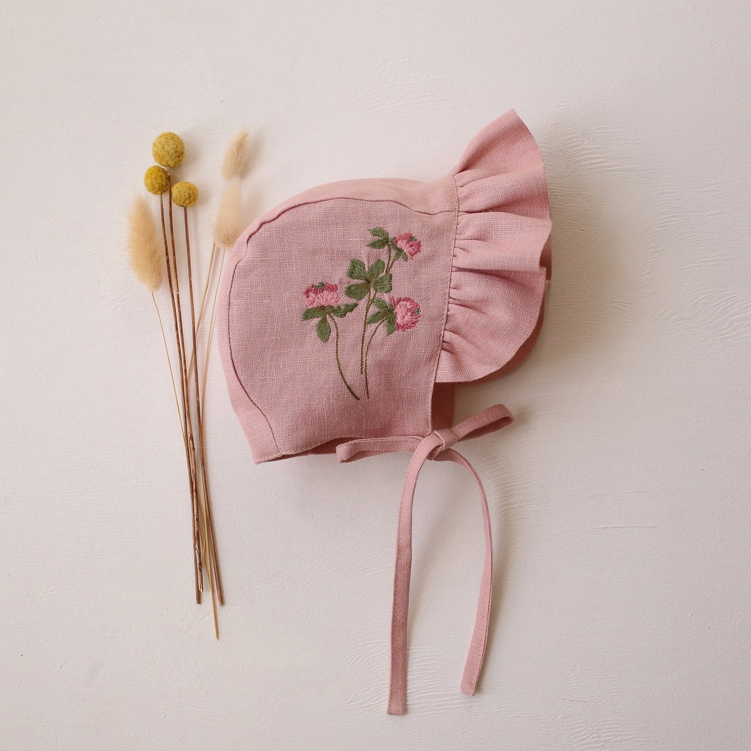 Baby Girl Linen Ruffle Brimmed Bonnet | Color Powder | “clover Flower ...