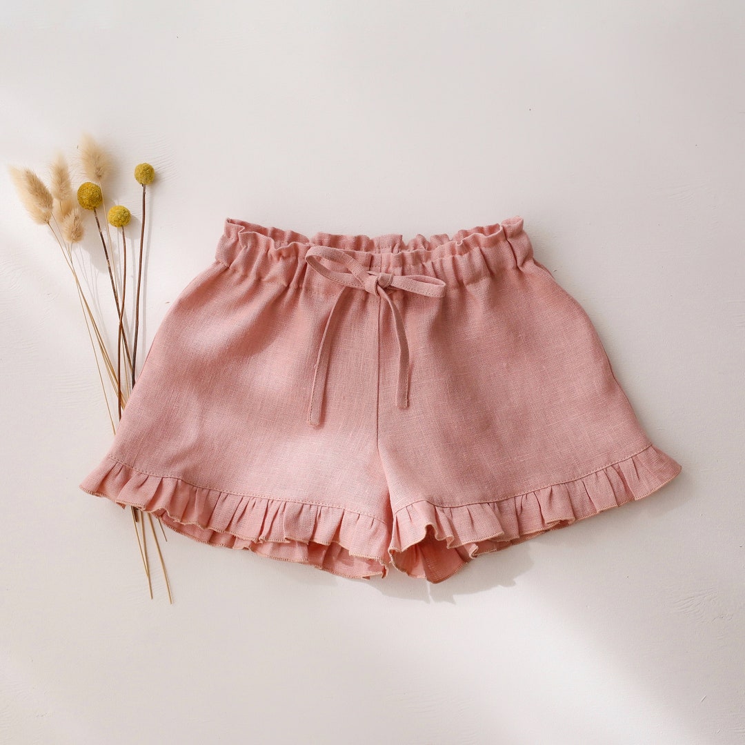 Girl Linen Ruffle Shorts in Powder, Soft Breathable Summer Toddler ...