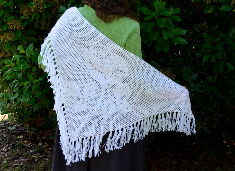 Crocheted White Shawl Rose Filet Crochet Shawl Rose White - Etsy