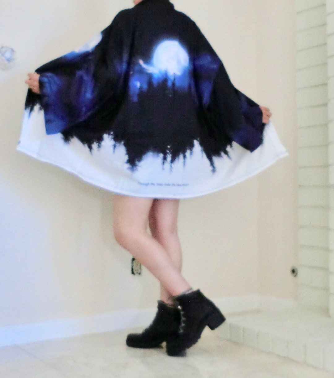 Moon Pattern Unisex Kimono, Night Mountain Pattern Print Kimono ...