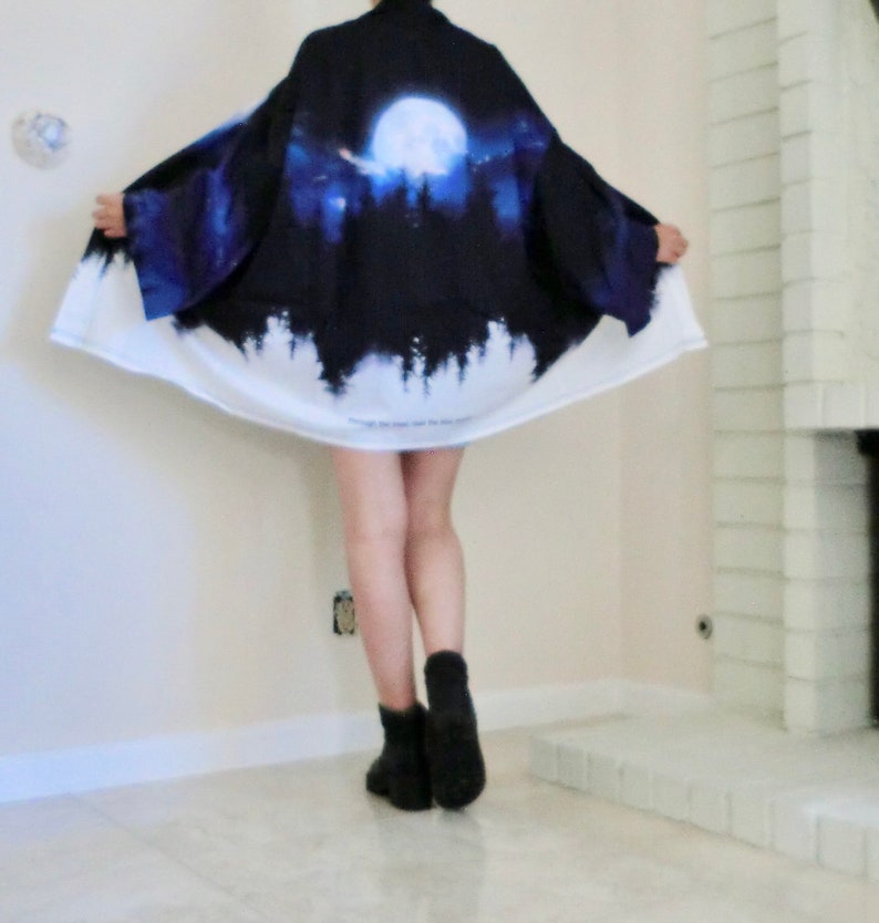 Moon Pattern Unisex Kimono, Night Mountain Pattern Print Kimono ...
