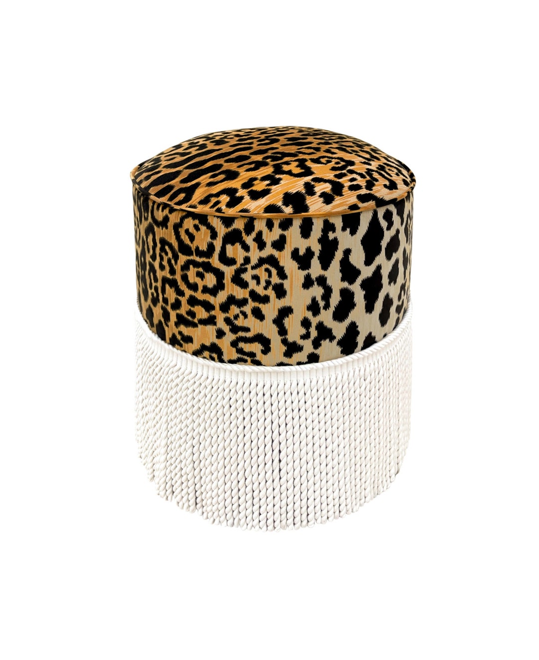 The Tight Round Ottoman : Leopard Velvet + Bullion Fringe | Velvet ...