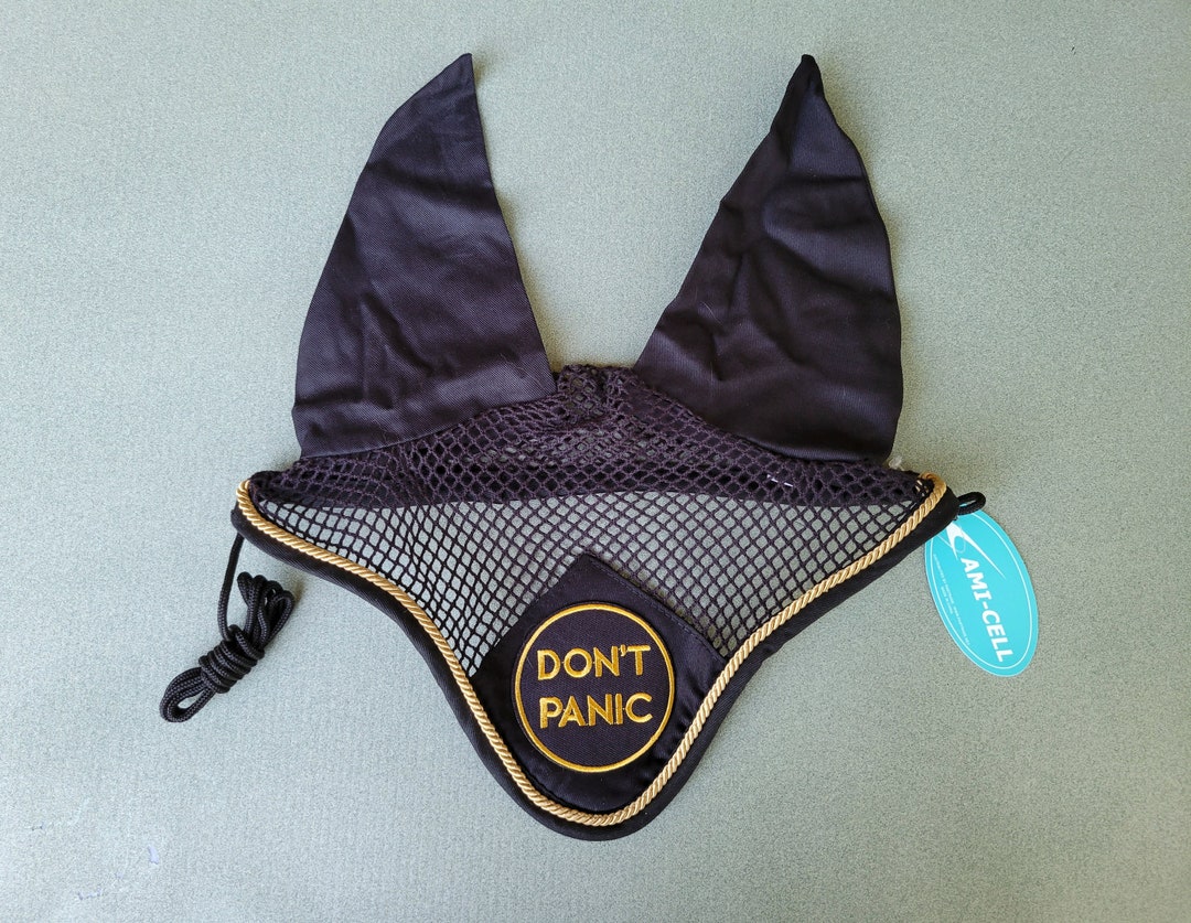 Don't Panic Horse Ear Bonnet. Black and Gold Equine Fly Veil. Panic ...