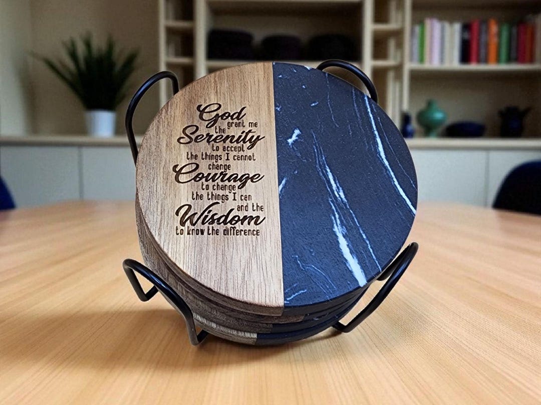Laser Engraved Serenity Prayer Coasters: Wood & Stone Design ...