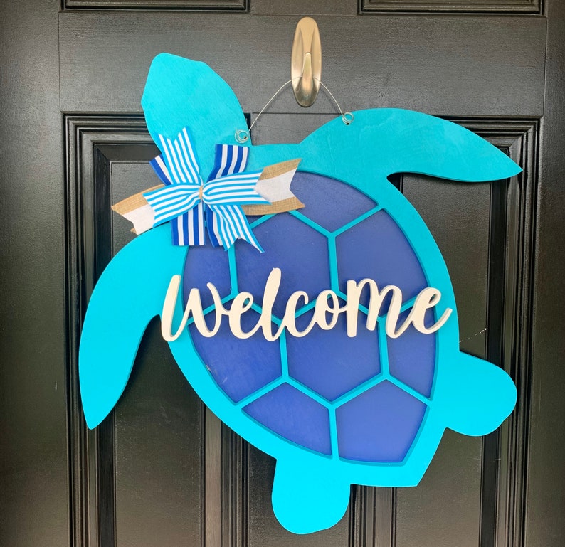 Welcome Sea Turtle Door Hanger, Porch Sign, Beach House Decor, Wooden ...