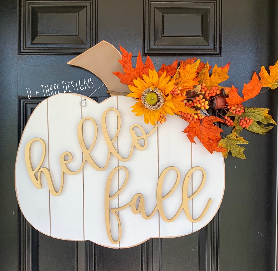 Hello Fall Shiplap Farmhouse Pumpkin Door Hanger // Fall Wreath ...