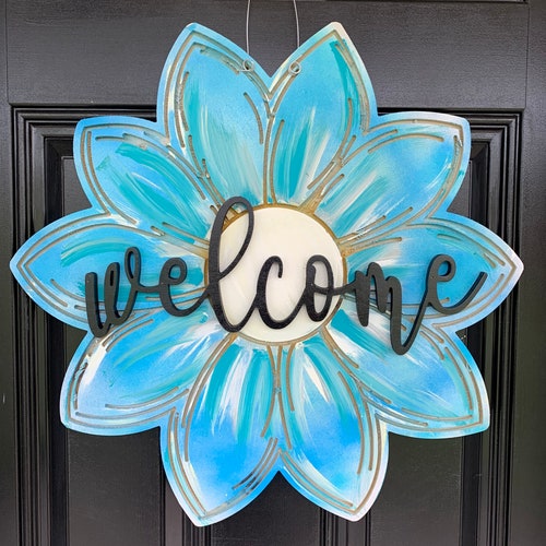 Welcome Southern Farmhouse Wooden Door Hanger Sign Sunflower | Etsy
