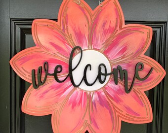 Welcome Southern Farmhouse Wooden Door Hanger Sign Sunflower | Etsy