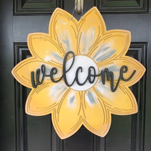 Welcome Southern Farmhouse Wooden Door Hanger Sign Sunflower - Etsy