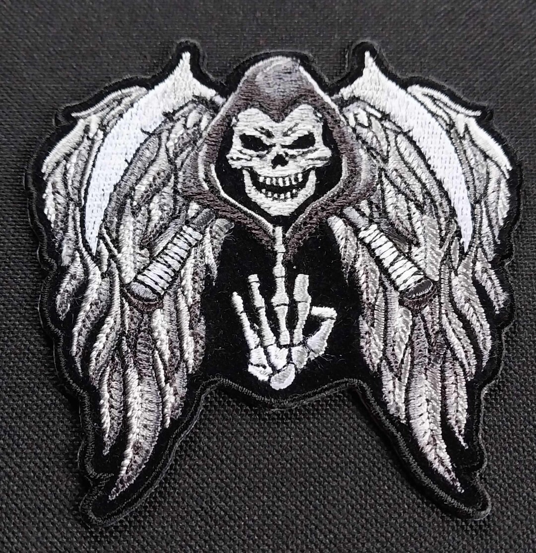 Reaper Middle Finger Biker Embroidered Iron on Motorcycle Jacket Patch ...