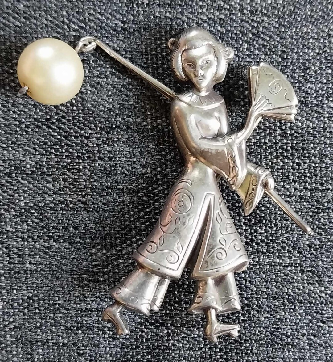 1950s Vintage LANG Sterling Geisha With Fan and Dangling Pearl Like ...