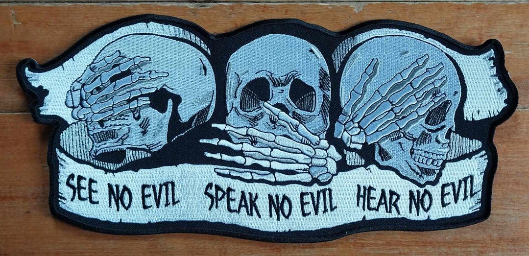 LARGE See No Evil Speak No Evil & Hear No Evil 3 Skulls Iron on Vest ...