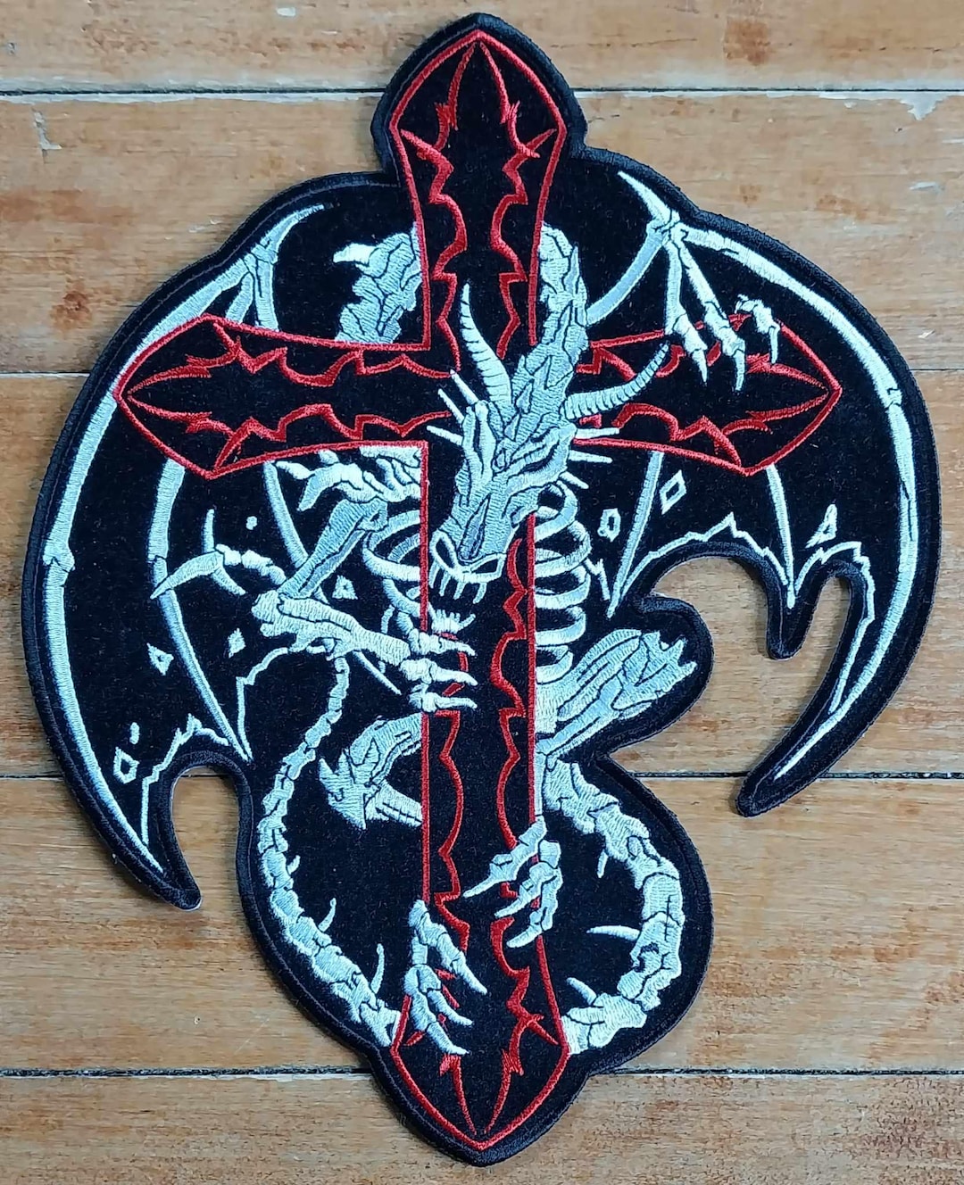 LARGE Embroidered Jacket Patch - Dragon and Cross - Iron on Vest Back ...