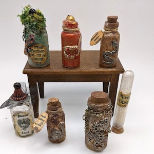 Halloween Altered Art Mixed Media Small Potion Bottles Apothecary Witch ...
