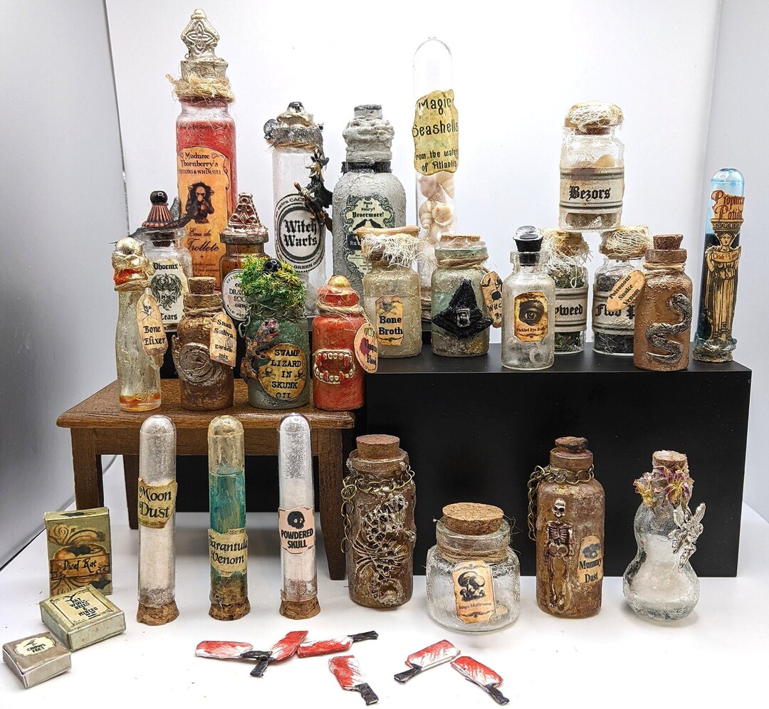 Halloween Altered Art Mixed Media Small Potion Bottles Apothecary Witch ...