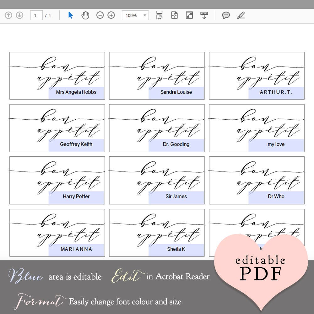 Table Setting Name Tag Printable Name Place Setting Printable Tags Bon 
