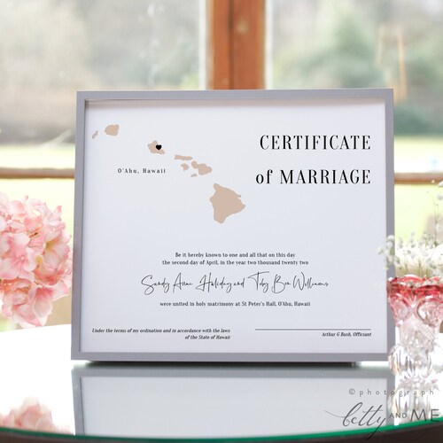 Destination Hawaii Certificate of Marriage Wedding in - Etsy UK