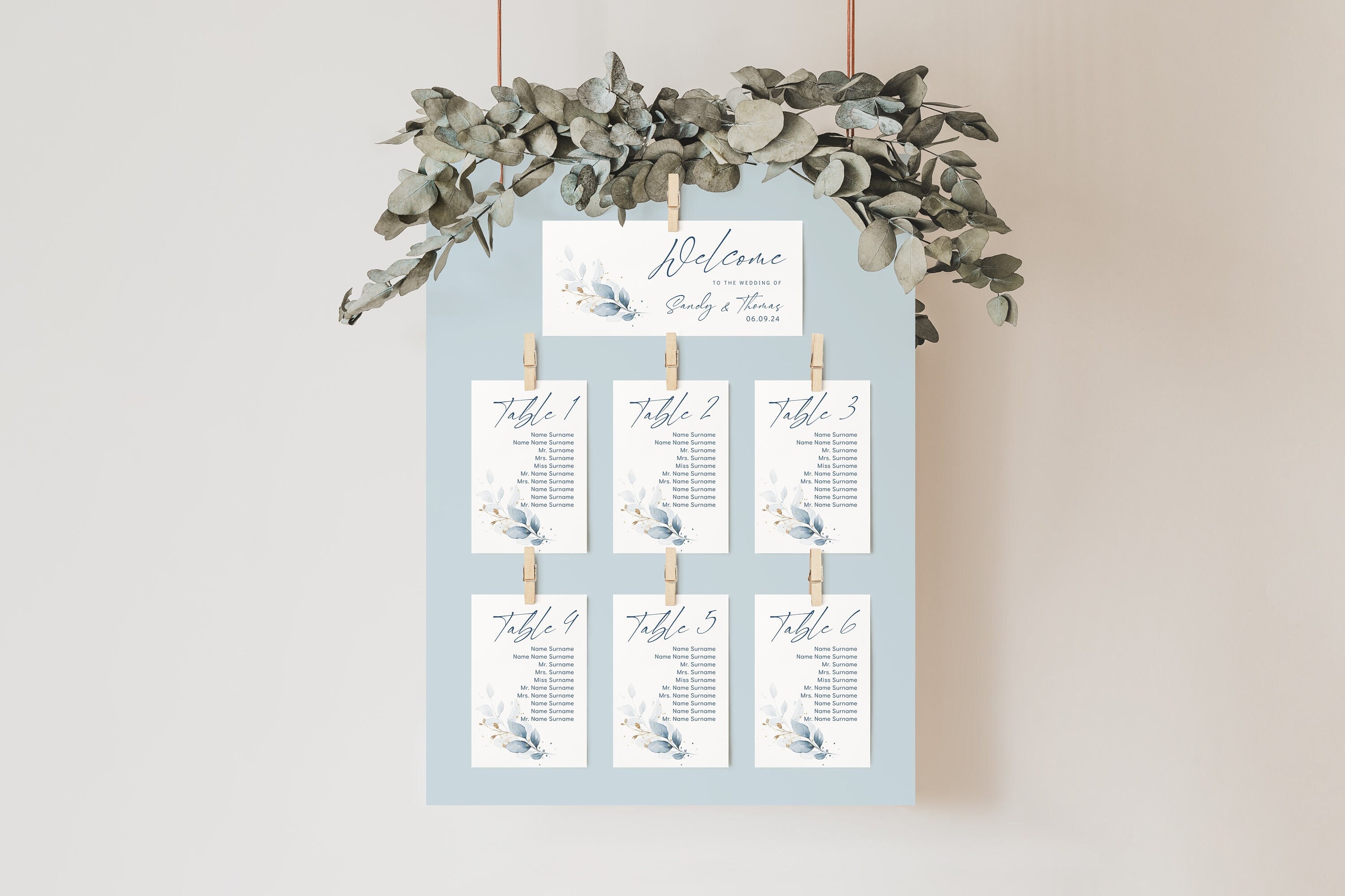 Dusty Blue Seating Cards, Printable Wedding Seating Cards, Templates ...