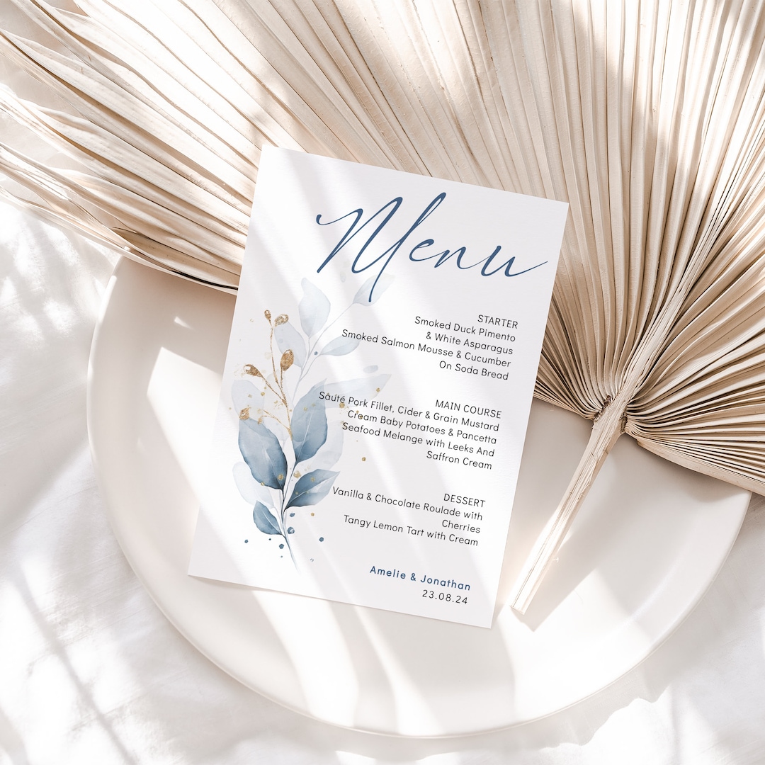 Dusty Blue Menu Cards, Printable Wedding Menus, Dusty Blue Wedding ...