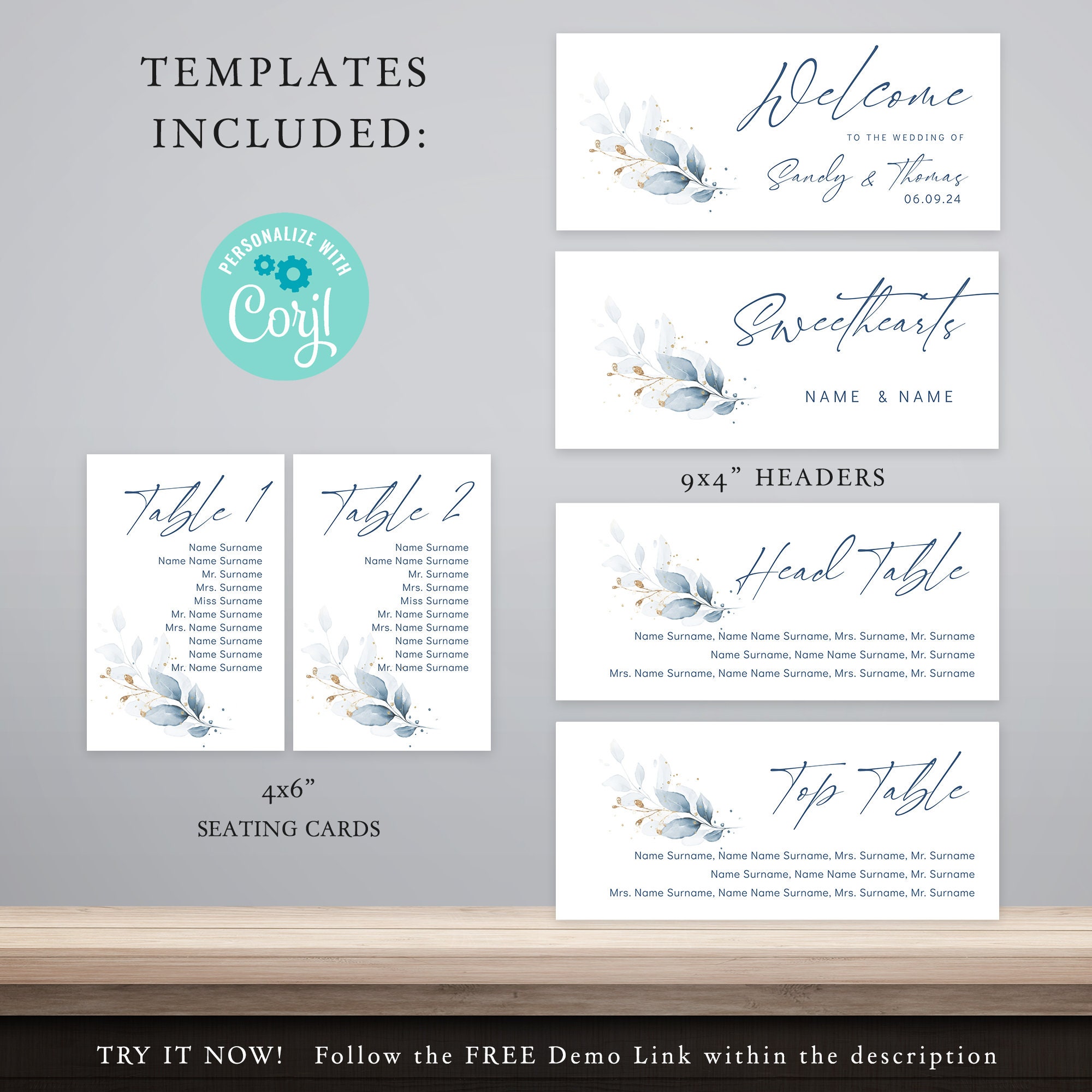 Dusty Blue Seating Cards, Printable Wedding Seating Cards, Templates ...