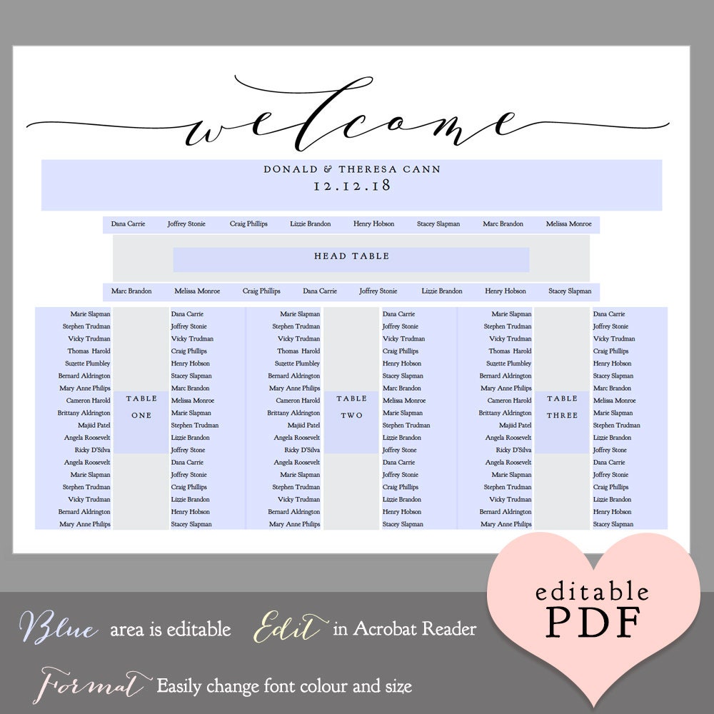 Banquet Seating Chart 3 tables and top table, printable E shape table ...