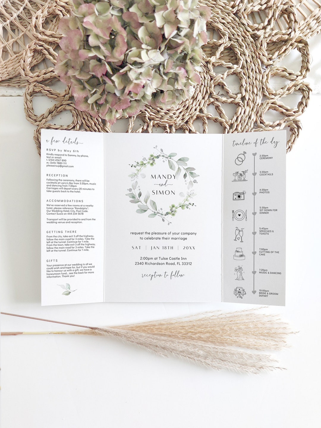 Folded Wedding Invitations, Templates for Greenery Gatefold Invitations ...