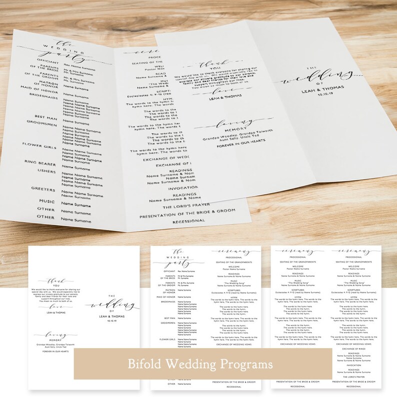 Bi fold Wedding Program Template Long Thin Folded Order Of Etsy