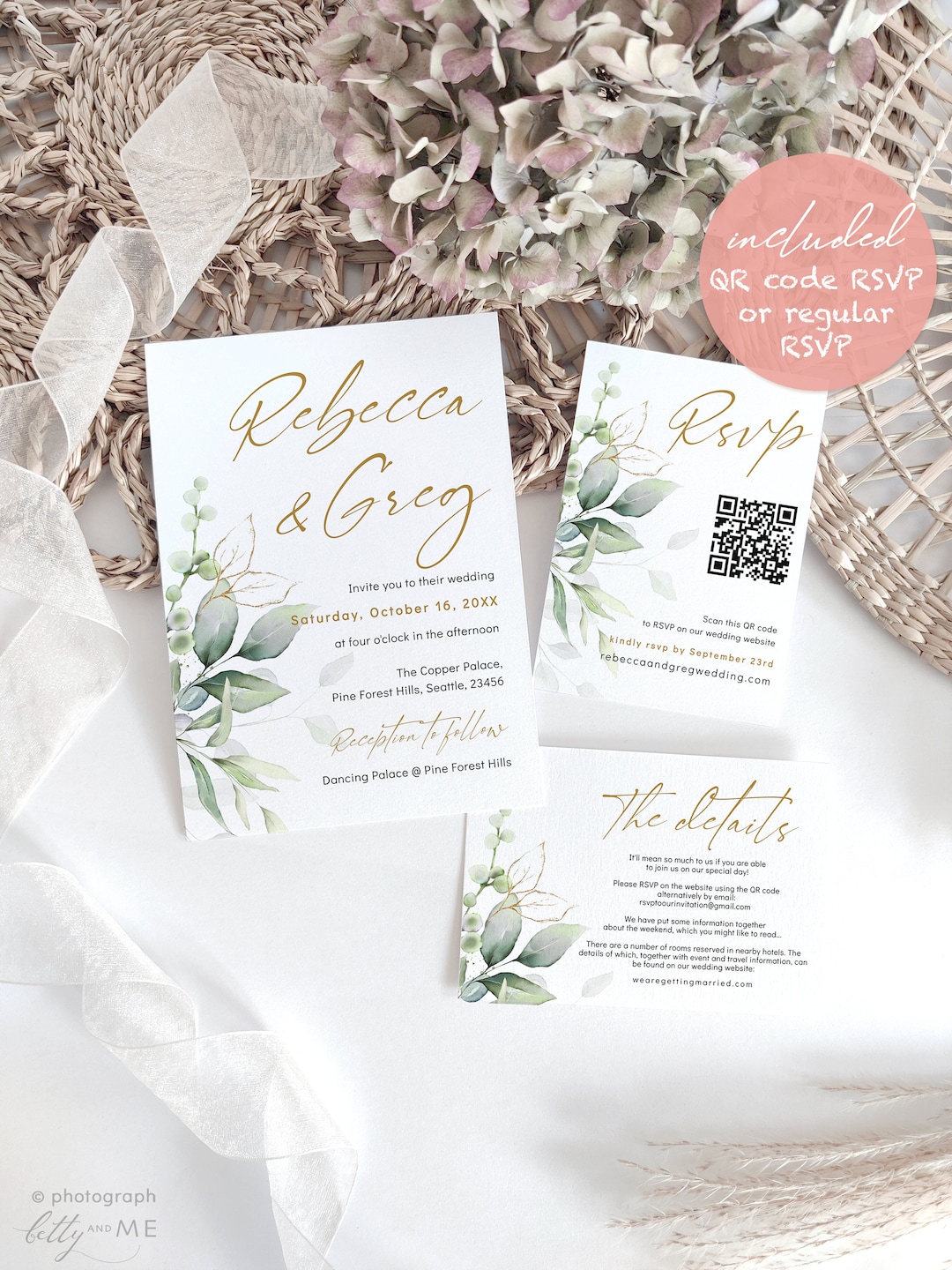 Greenery Wedding Invitation Set, With QR Code, Scan to RSVP, Greenery ...