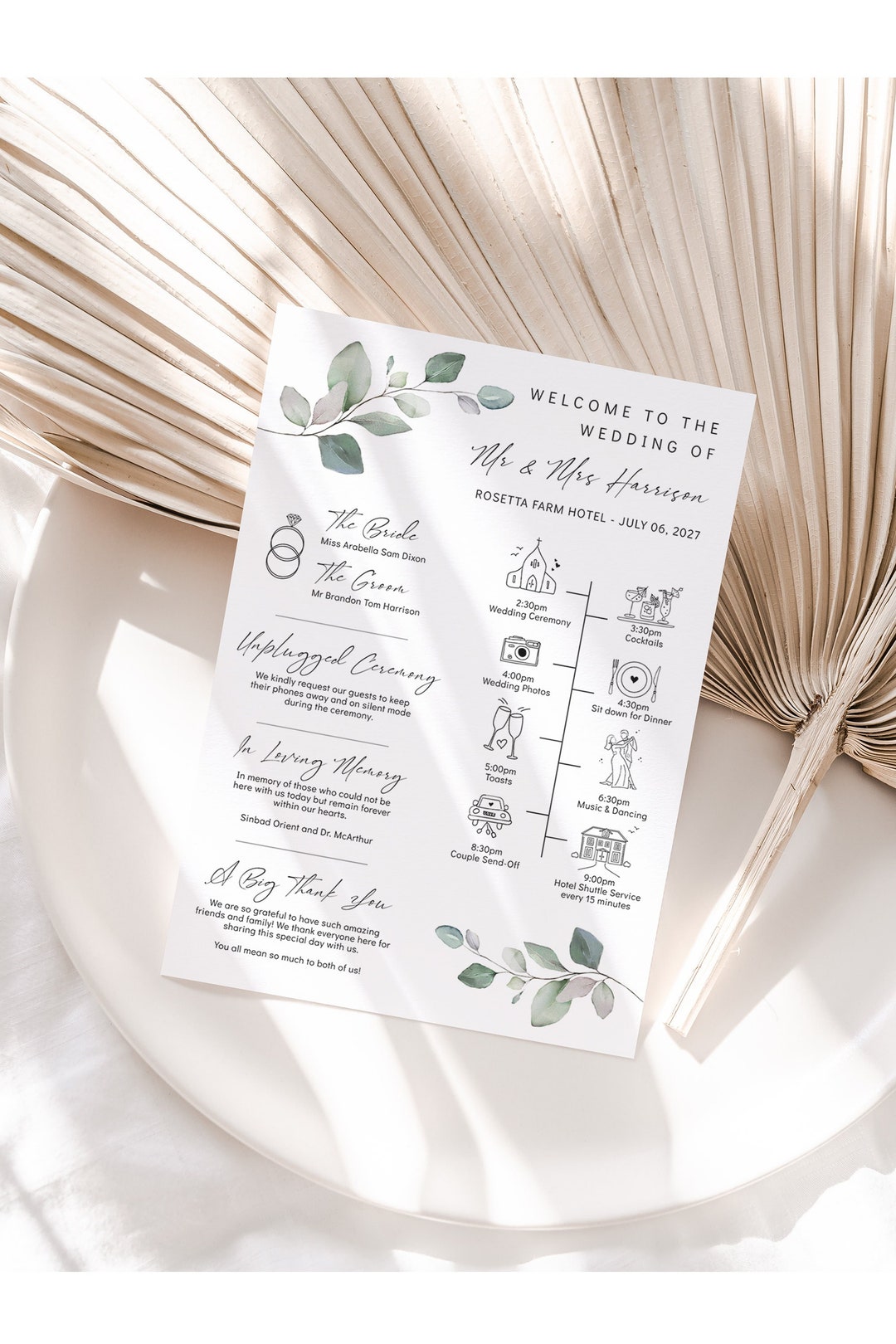 Leaf & Gold Wedding Timeline Program Template, Wedding Infographic ...