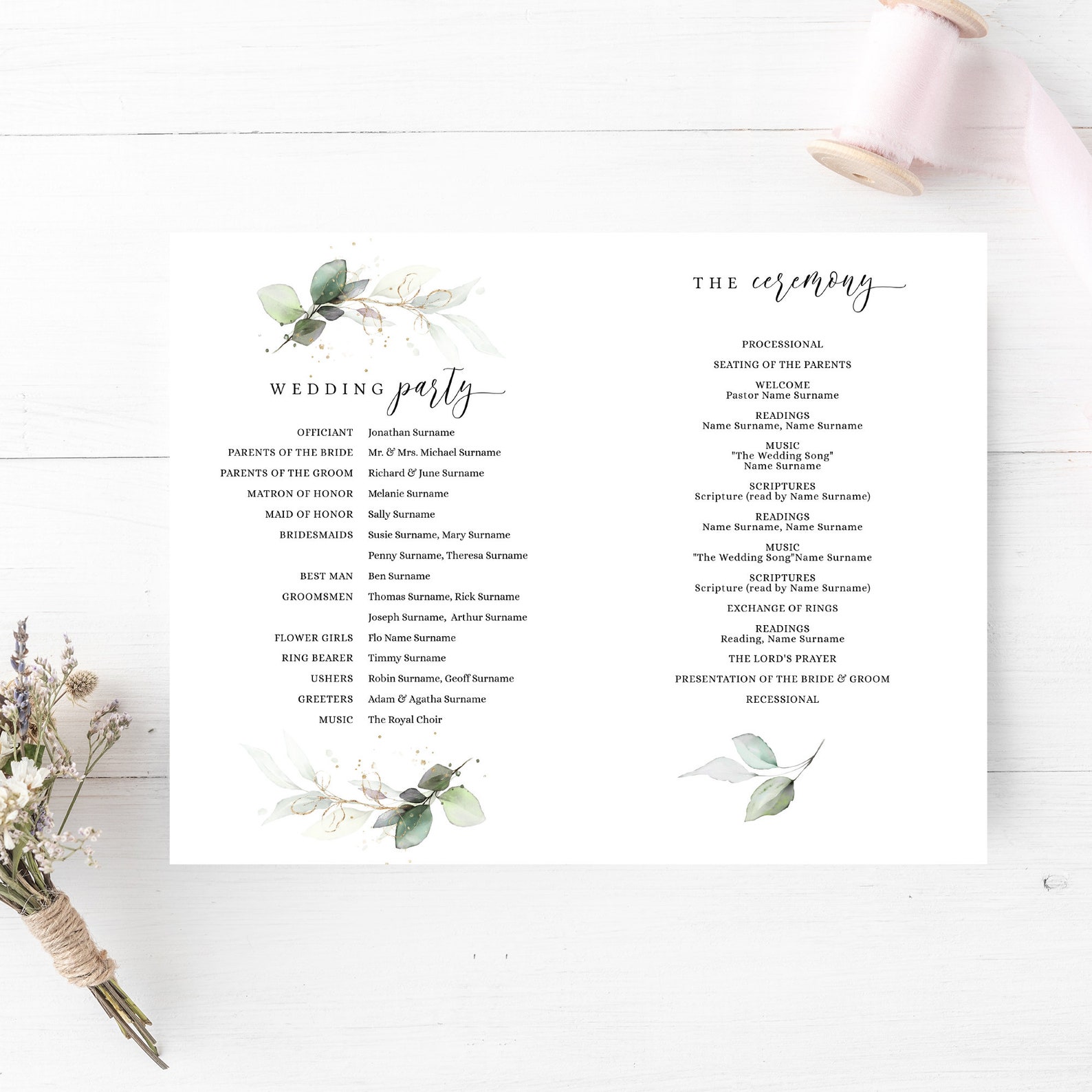 Leaf & Gold Folded Wedding Program Booklets Printable | Etsy