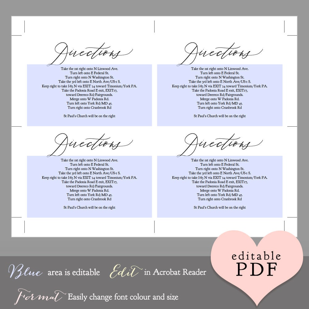 Directions Card Template Printable Directions Card Wedding Guest ...
