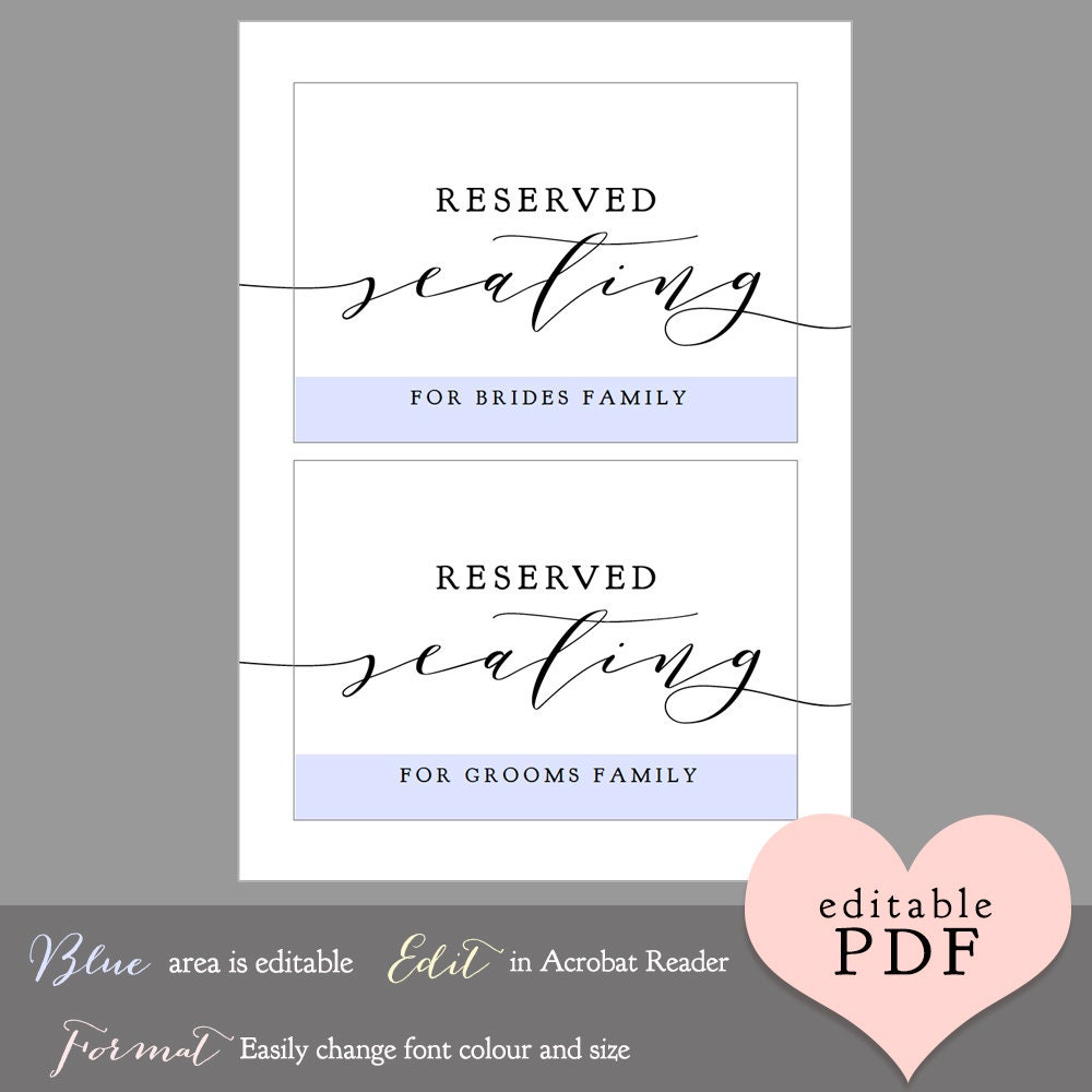 Reserved Seating Sign with message, Reserved for sign, DIY printable ...
