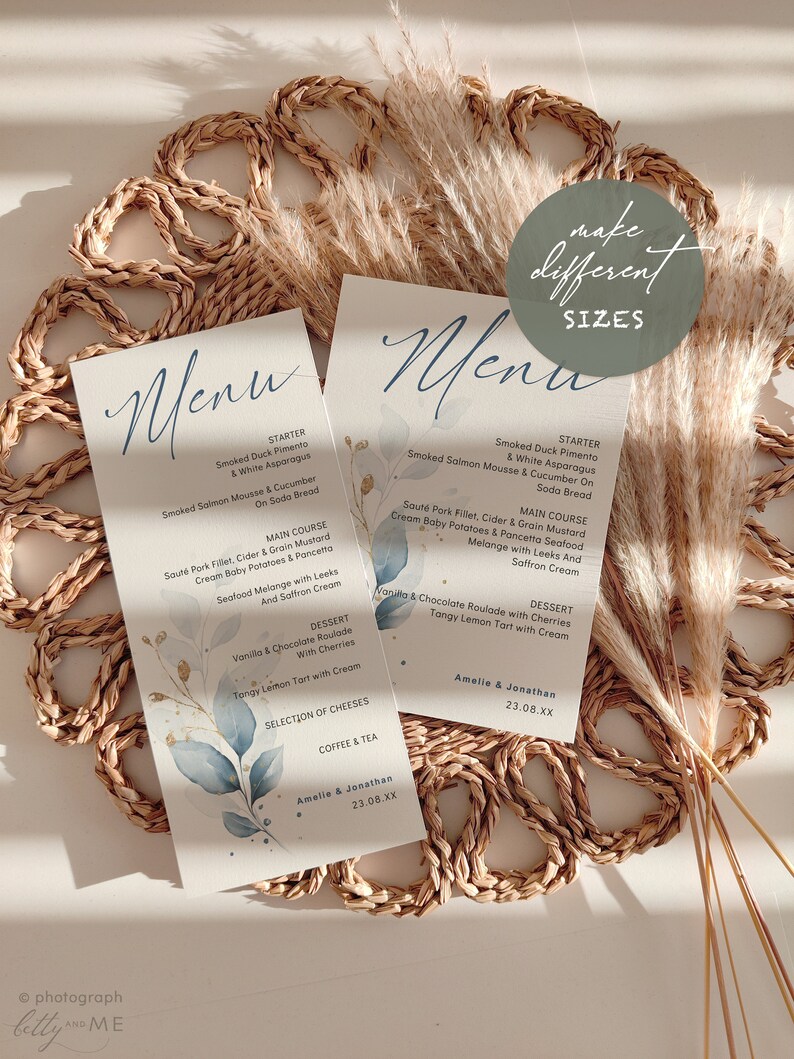 Printable Menu Cards, Dusty Blue Wedding Menus, Dusty Blue Wedding ...